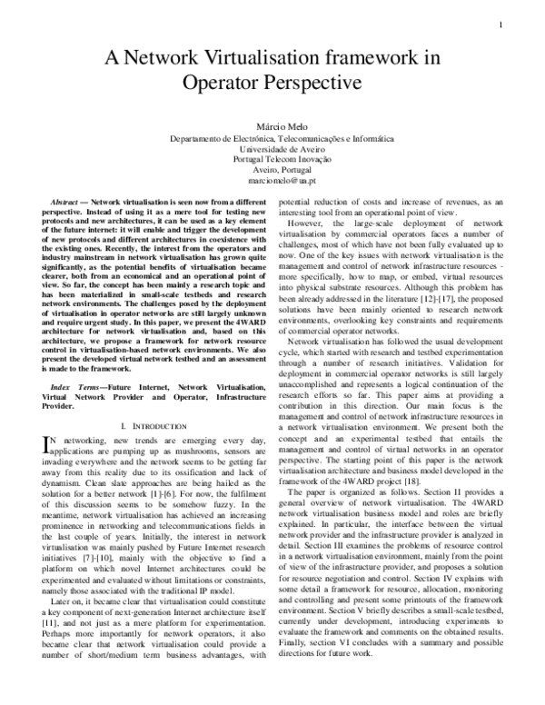 (PDF) A Network Virtualisation framework in Operator Perspective