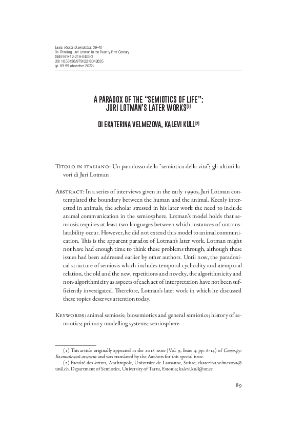 (PDF) A paradox of the “semiotics of life”: Juri Lotman’s later works