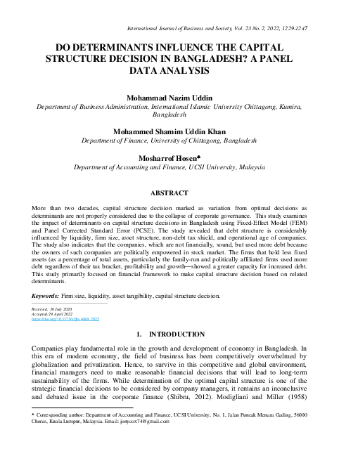 (PDF) Do Determinants Influence the Capital Structure Decision in Bangladesh? A Panel Data Analysis