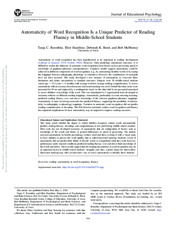 (PDF) Automaticity of word recognition is a unique predictor of reading ...