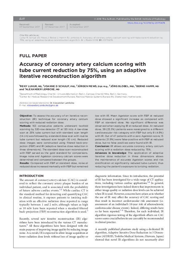 (PDF) Accuracy of coronary artery calcium scoring with tube current reduction by 75%, using an ...
