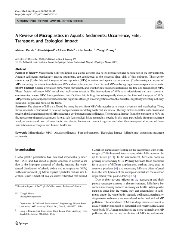 (PDF) A Review of Microplastics in Aquatic Sediments: Occurrence, Fate, Transport, and ...