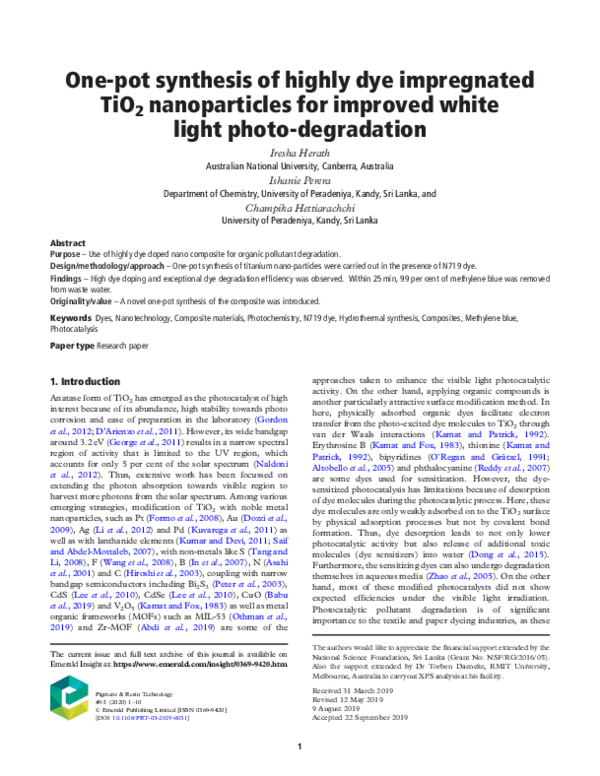 (PDF) One-pot synthesis of highly dye impregnated TiO2 nanoparticles ...