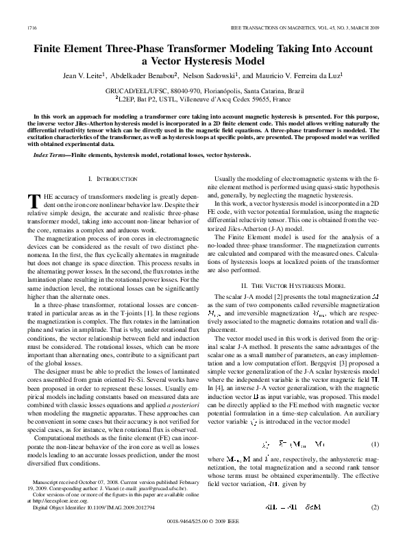 Pdf Finite Element Three Phase Transformer Modeling Taking Into Account A Vector Hysteresis Model
