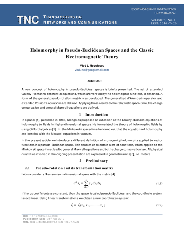 Pdf Holomorphy In Pseudo Euclidean Spaces And The Classic Electromagnetic Theory Vlad