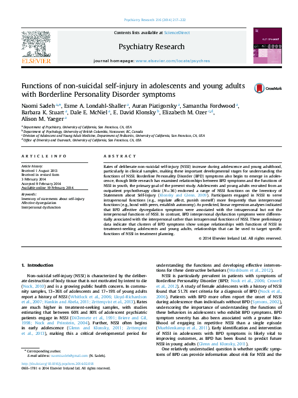 (PDF) Functions of non-suicidal self-injury in adolescents and young adults with Borderline ...