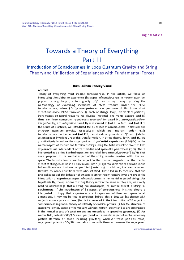 Pdf Towards A Theory Of Everything Part Iii Introduction Of Consciousness In Loop Quantum