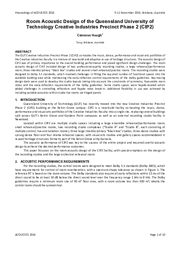 (PDF) Room Acoustic Design of the Queensland University of Technology ...