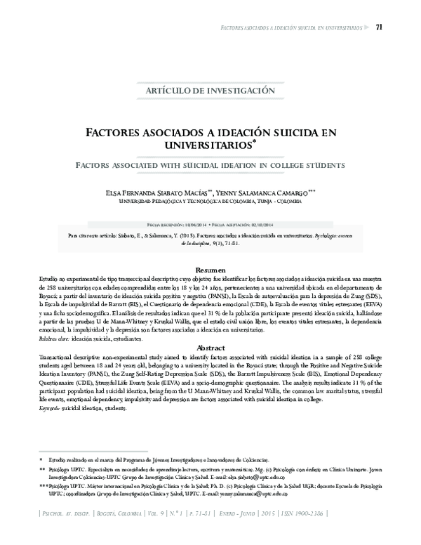(PDF) Factores asociados a ideación suicida en universitarios