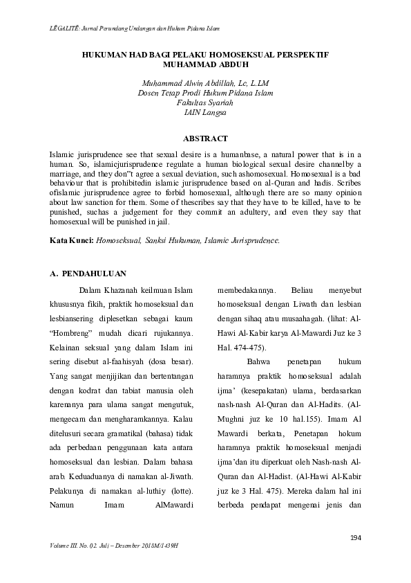 (PDF) Hukuman Had Bagi Pelaku Homoseksual Perspektif Muhammad Abduh