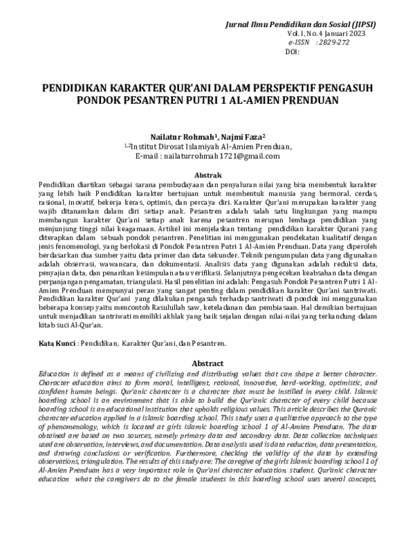 (PDF) Pendidikan Karakter Qur’Ani Dalam Perspektif Pengasuh Pondok Pesantren Putri 1 Al-Amien ...
