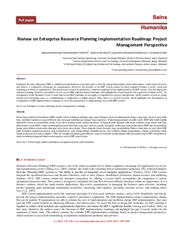 (PDF) Review on Enterprise Resource Planning Implementation Roadmap: Project Management Perspective