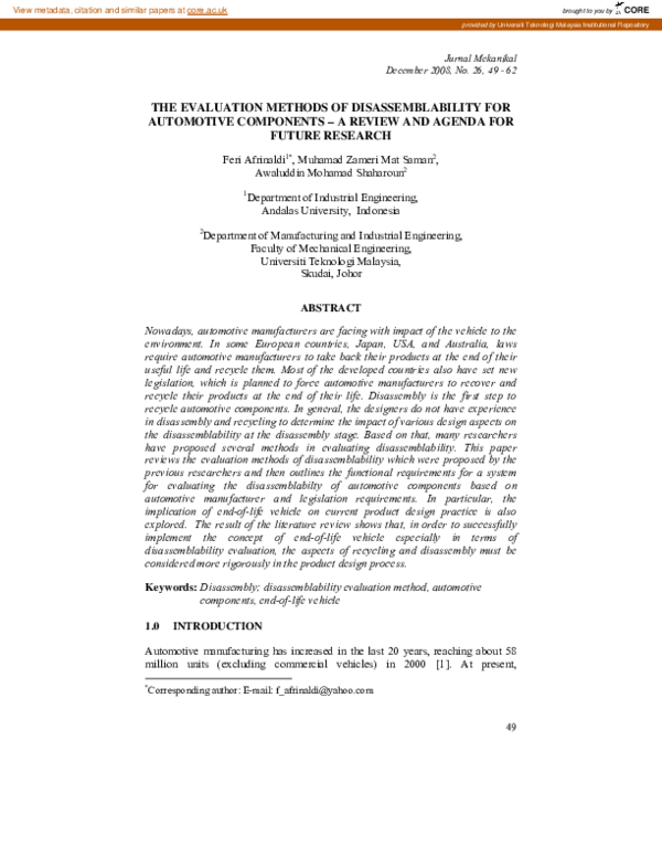 (PDF) The evaluation methods of disassemblability for automotive ...