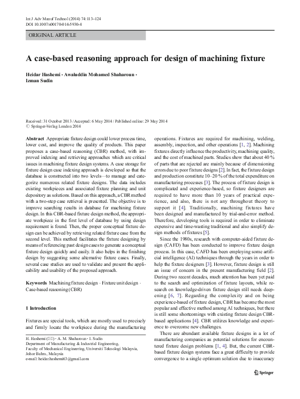 Pdf A Case Based Reasoning Approach For Design Of Machining Fixture