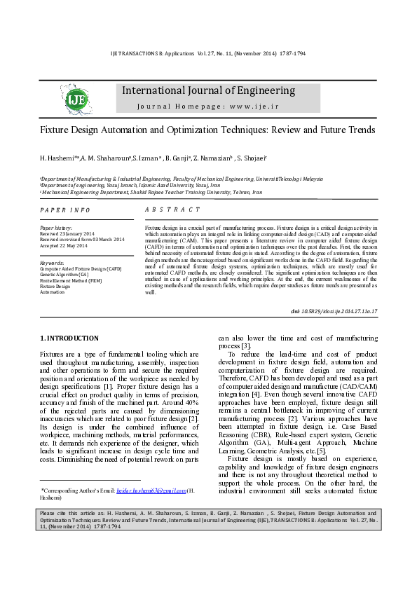 (PDF) Fixture Design Automation and Optimization Techniques: Review and ...