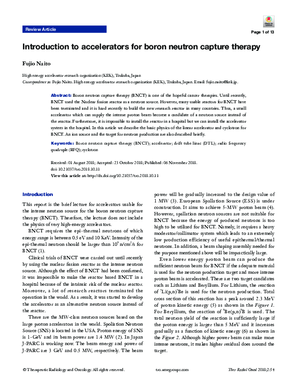 (PDF) Introduction to accelerators for boron neutron capture therapy