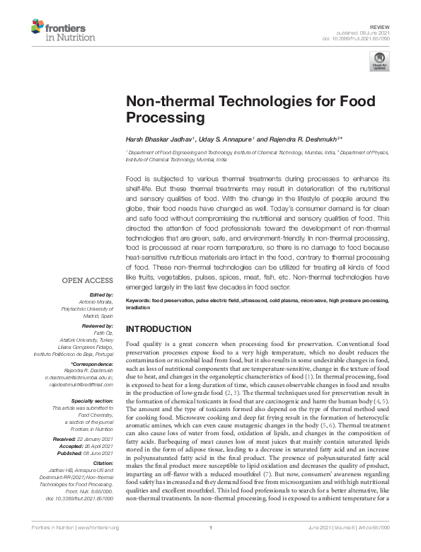 (PDF) Non-thermal Technologies for Food Processing