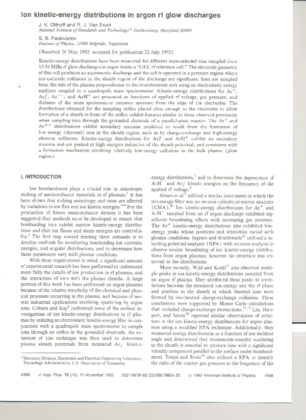 (PDF) Ion kinetic‐energy distributions in argon rf glow discharges