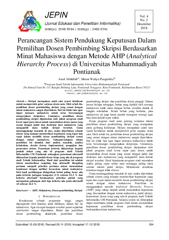 (PDF) Perancangan Sistem Pendukung Keputusan dalam Pemilihan Dosen Pembimbing Skripsi ...