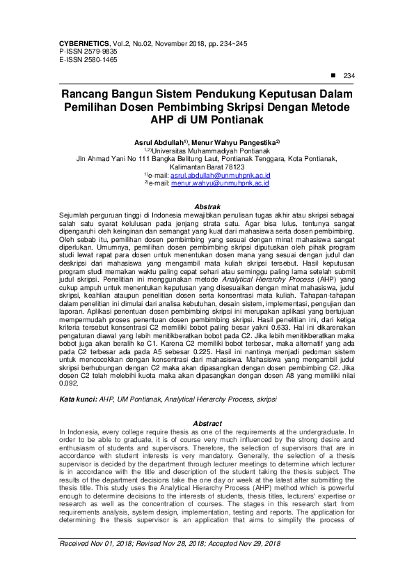 (PDF) Rancang Bangun Sistem Pendukung Keputusan Dalam Pemilihan Dosen Pembimbing Skripsi Dengan ...