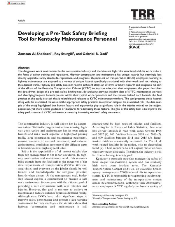 (PDF) Developing a Pre-Task Safety Briefing Tool for Kentucky ...