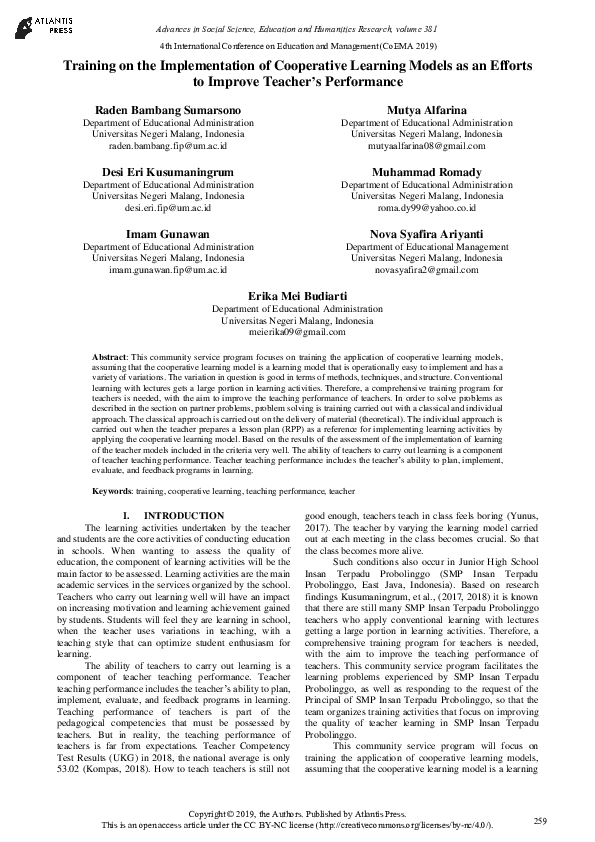 (PDF) Training on the Implementation of Cooperative Learning Models as ...