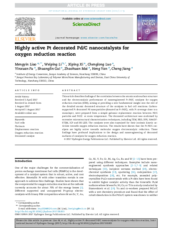 (PDF) Highly active Pt decorated Pd/C nanocatalysts for oxygen reduction reaction