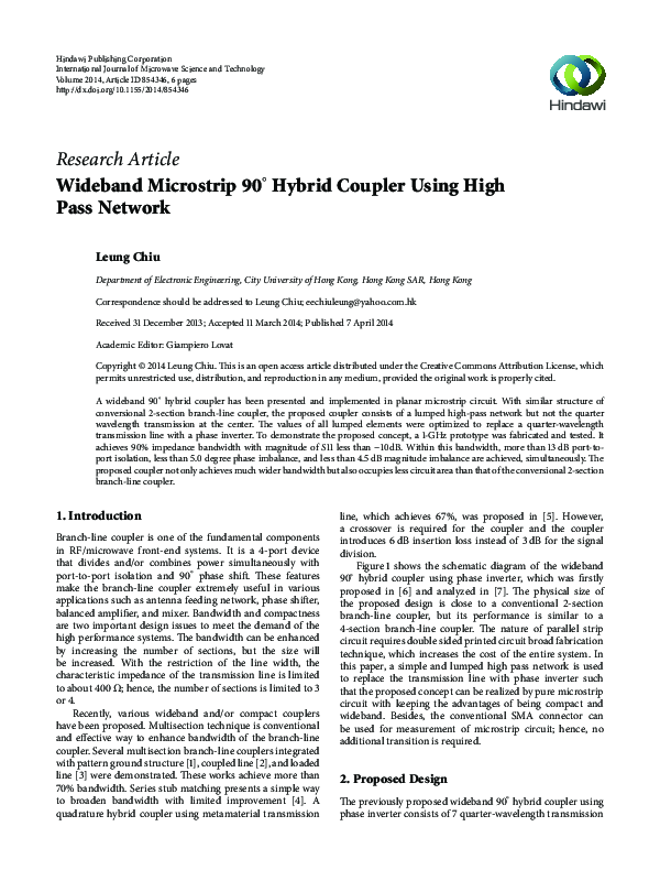 (PDF) Wideband Microstrip 90° Hybrid Coupler Using High Pass Network