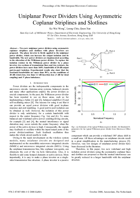 (PDF) Uniplanar Power Dividers Using Asymmetric Coplanar Striplines and ...