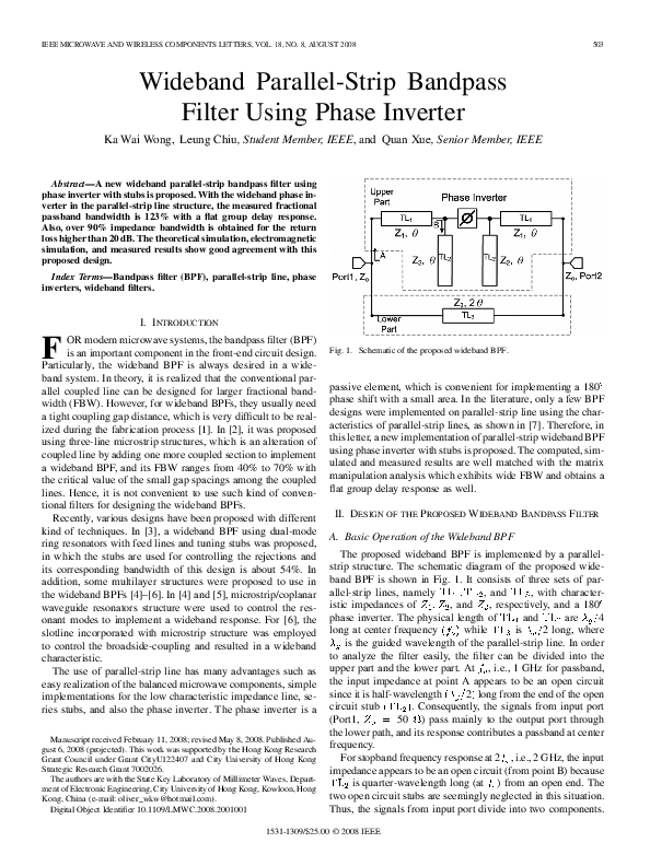(PDF) Wideband Parallel-Strip Bandpass Filter Using Phase Inverter