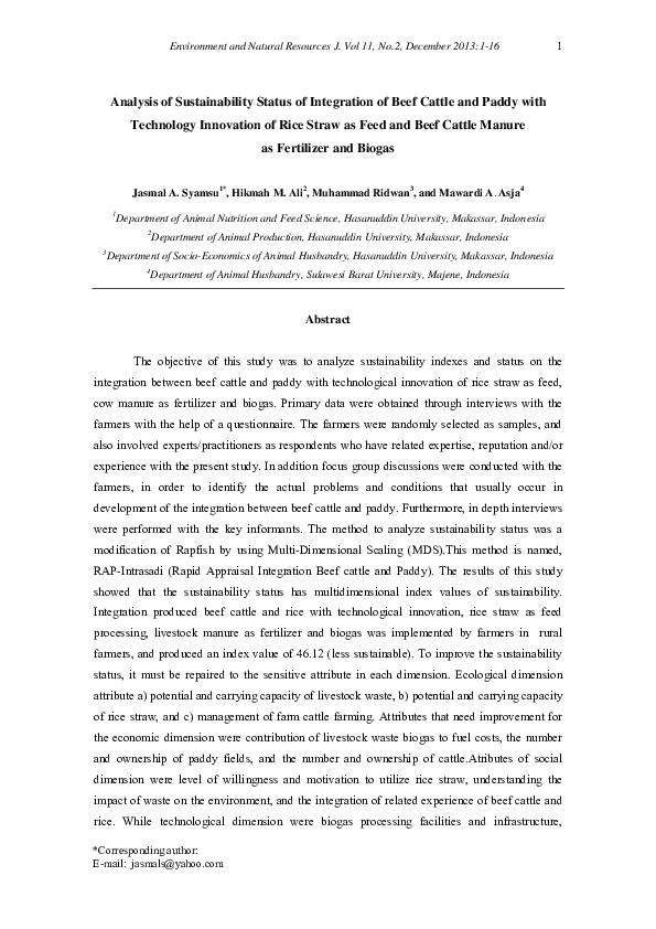 (PDF) Analysis of Sustainability Status of Integration of Beef Cattle ...