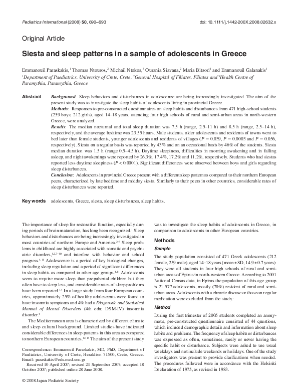 (PDF) Siesta and sleep patterns in a sample of adolescents in Greece