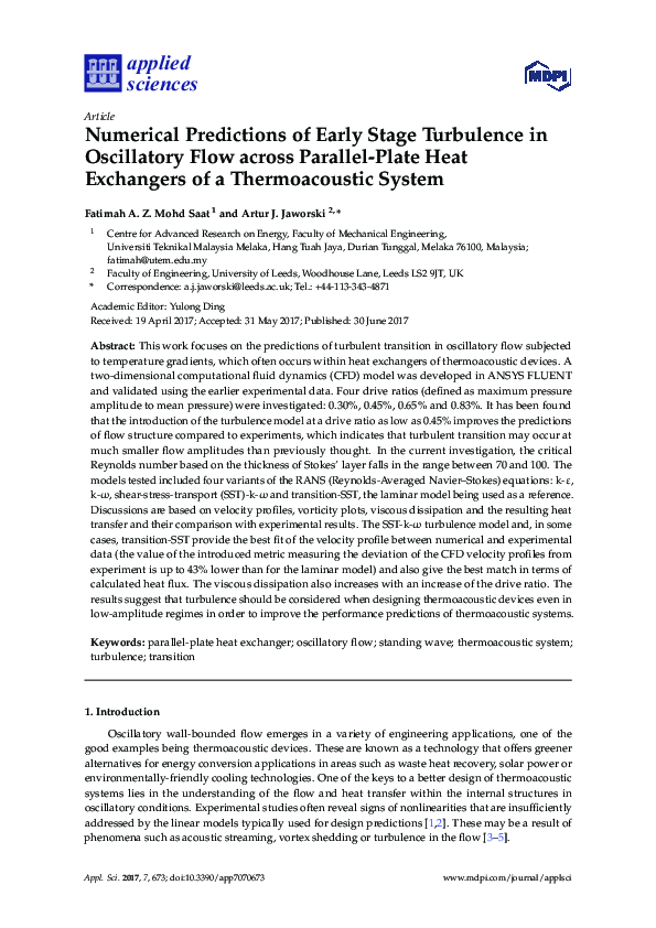(PDF) Numerical Predictions of Early Stage Turbulence in Oscillatory Flow across Parallel-Plate ...