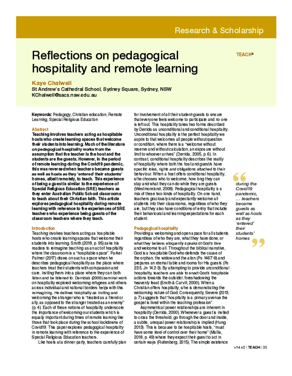 (PDF) Reflections on Pedagogical Hospitality and Remote Learning