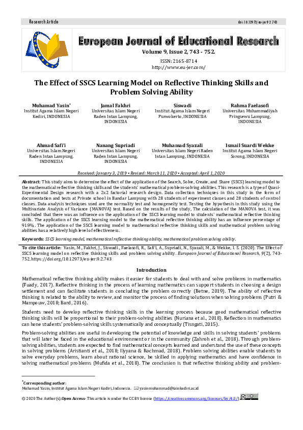 (PDF) The Effect of SSCS Learning Model on Reflective Thinking Skills and Problem Solving Ability