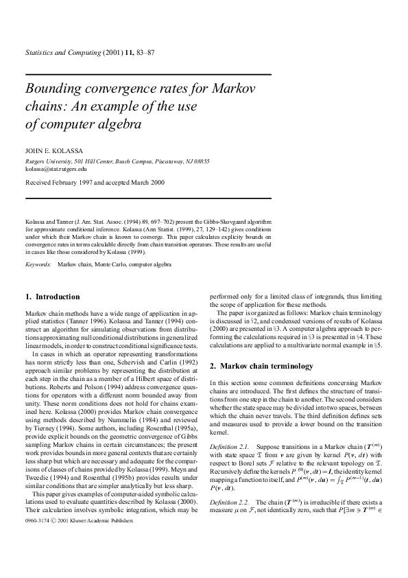 Pdf Bounding Convergence Rates For Markov Chains An Example Of The