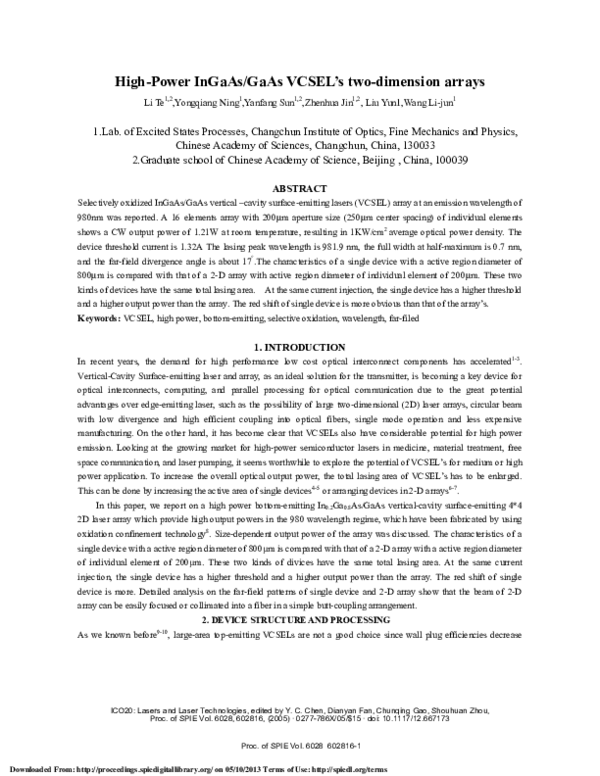 (PDF) High-power InGaAs/GaAs VCSEL's two-dimension arrays