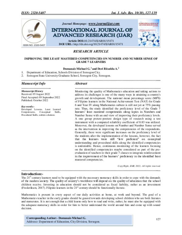 (PDF) IMPROVING THE LEAST MASTERED COMPETENCIES ON NUMBER AND NUMBER ...