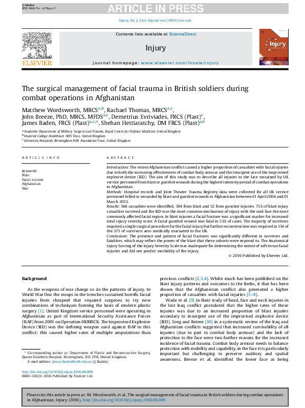 (PDF) The surgical management of facial trauma in British soldiers ...