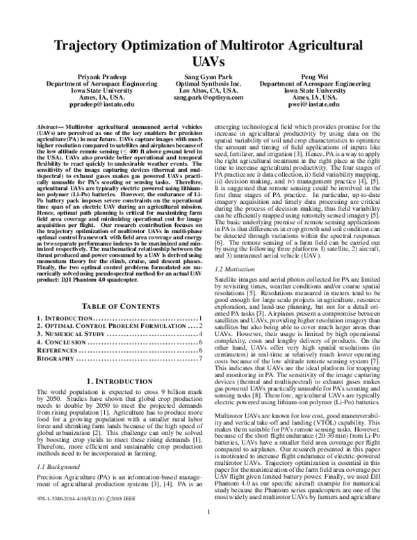 (PDF) Trajectory optimization of multirotor agricultural UAVs