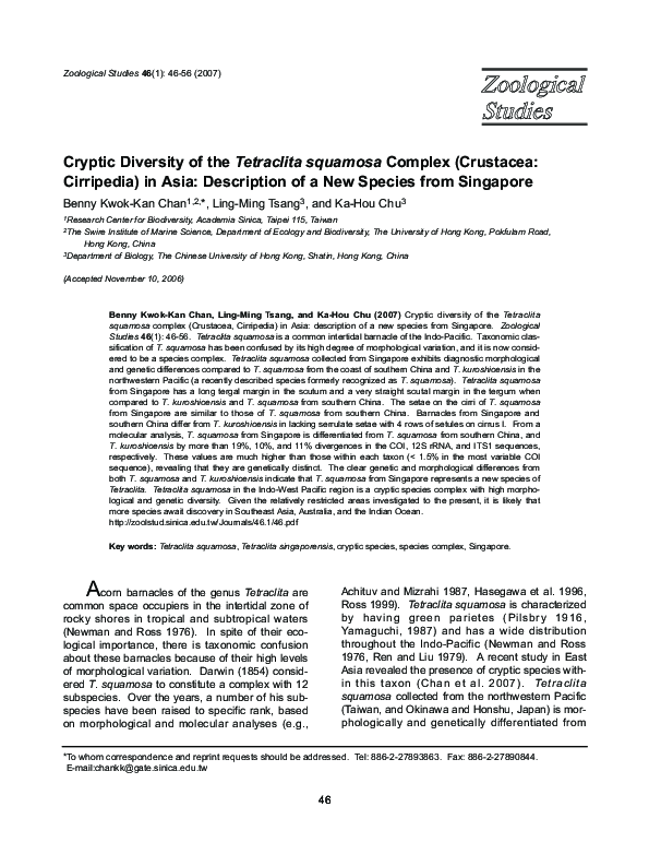 (PDF) Cryptic Diversity of the Tetraclita Squamosa Complex(Crustacea ...