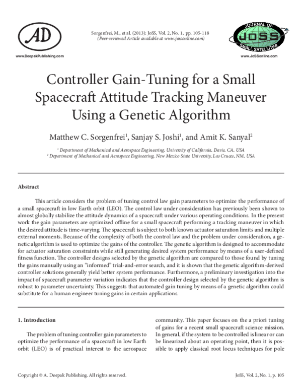 (PDF) Controller Gain-Tuning for a Small Spacecraft Attitude Tracking Maneuver Using a Genetic ...
