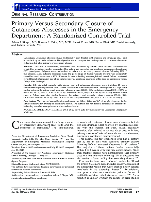 (PDF) Primary Versus Secondary Closure of Cutaneous Abscesses in the ...