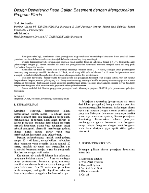 (PDF) Design Dewatering Pada Galian Basement dengan Menggunakan Program Plaxis