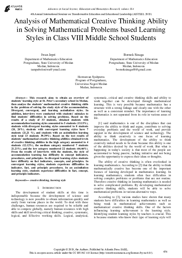 Pdf Analysis Of Mathematical Creative Thinking Ability In Solving Mathematical Problems Based