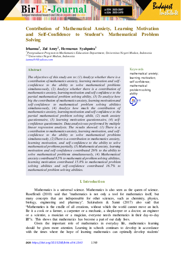 (PDF) Contribution of Mathematical Anxiety, Learning Motivation and Self-Confidence to Student’s ...