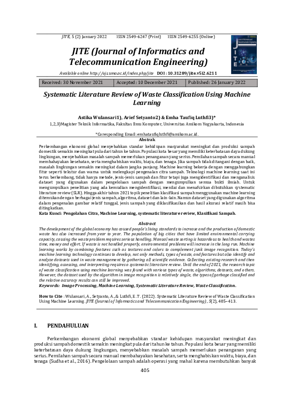 (PDF) Systematic Literature Review of Waste Classification Using Machine Learning