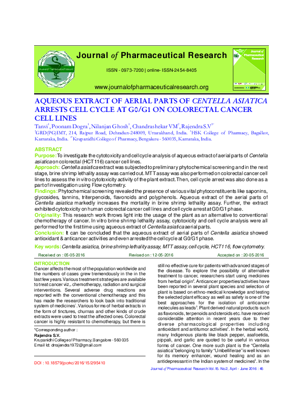 (PDF) Aqueous Extract of Aerial Parts of Centella Asiatica Arrests Cell ...