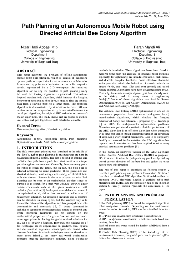 Pdf Path Planning Of An Autonomous Mobile Robot Using Directed Artificial Bee Colony Algorithm 