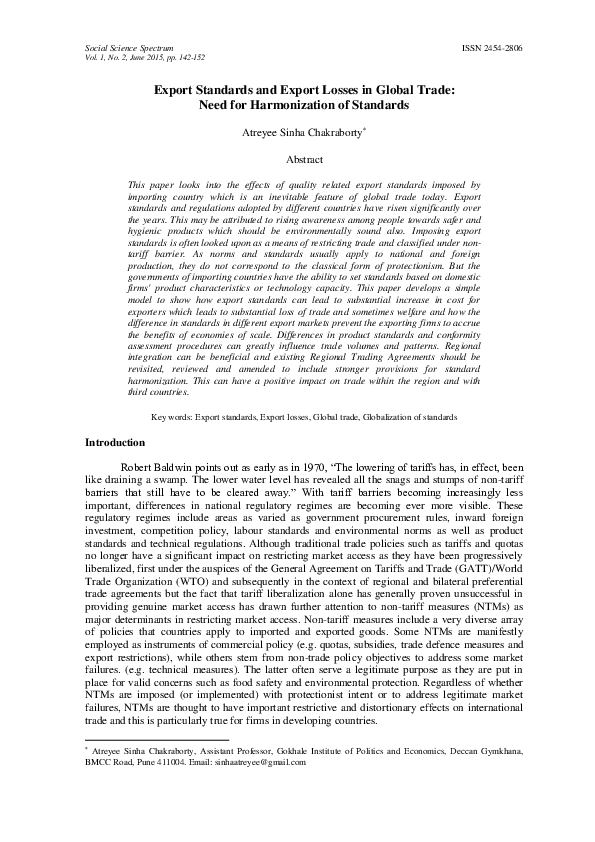 (PDF) Export Standards and Export Losses in Global Trade: Need for ...